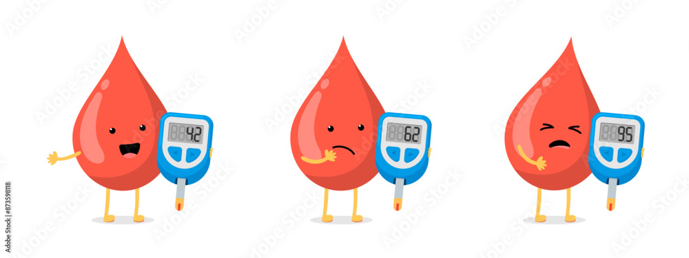 Cute cartoon blood drop character with glucometer set. Diabetic glucose ...