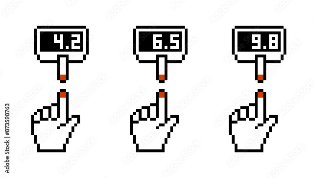 Glucometer pixel icon for glycemic measurement set. Diabetic glucose ...