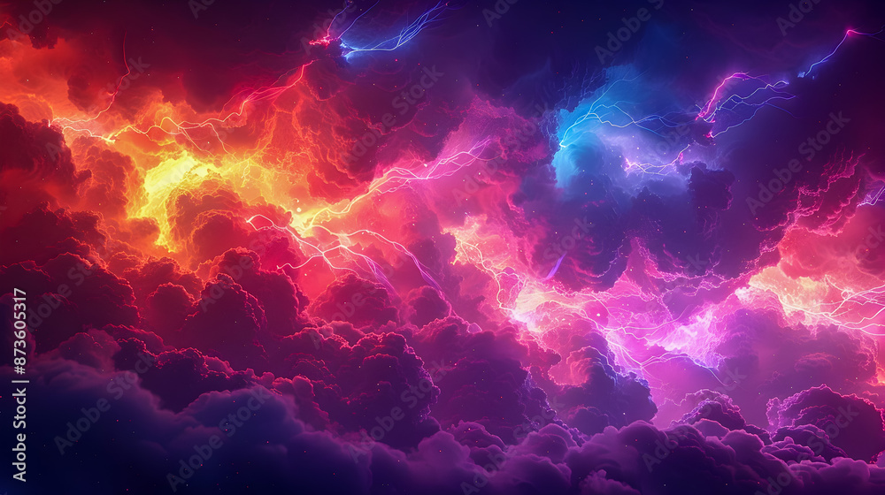 Pulsing neon tinged lightning bolts arcing across a moody atmospheric ...