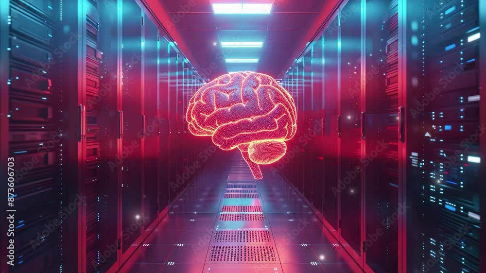 Futuristic Technology background. 3D render of a glowing brain inside a server room with a data ...