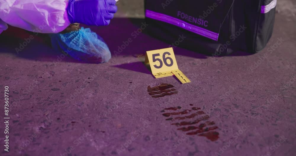 Road, crime scene and person with footprint for investigation ...