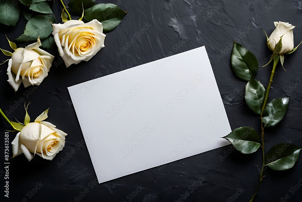 White blank condolence card with fresh Rose flowers on the dark ...