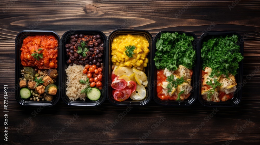 Colorful ukrainian cuisine in lunch boxes on wooden background, top ...