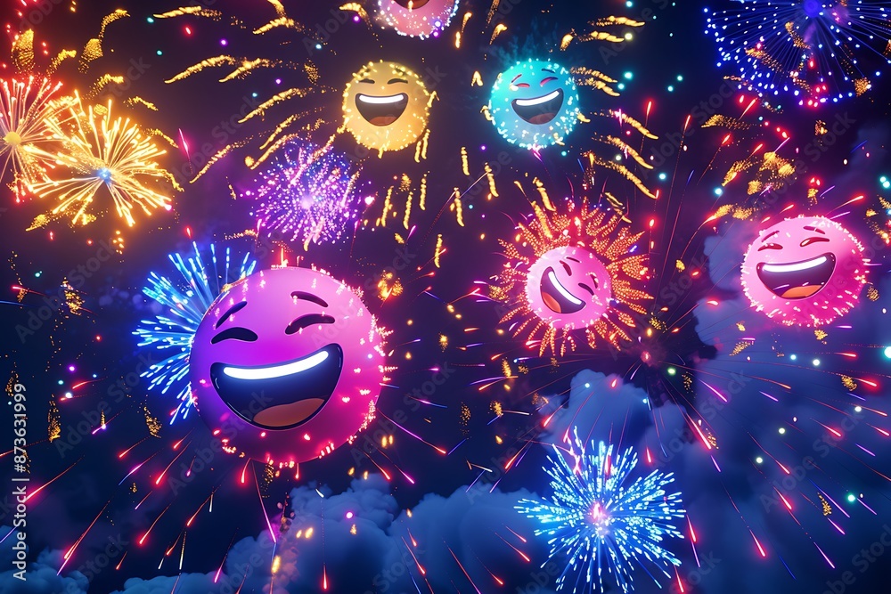 Emojis as vibrant, animated fireworks exploding in a night sky Stock ...