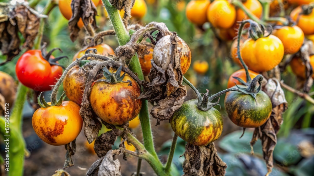 Rotten tomato plants with withered leaves and blackened stems infected ...