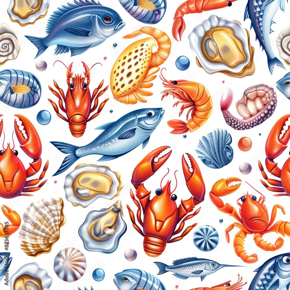 An illustration of different seafood items including fish, shrimp ...