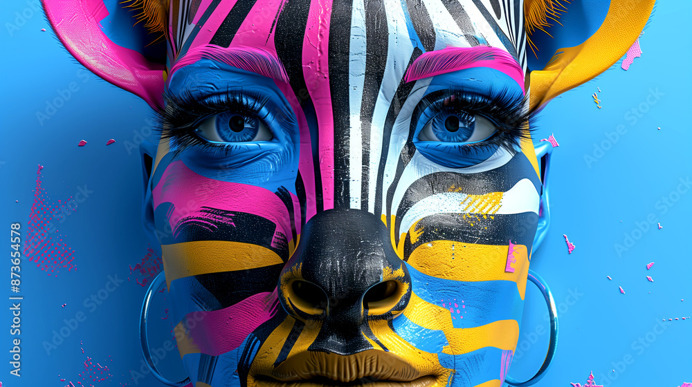 A woman's face is painted with a zebra print. The colors are bright and ...