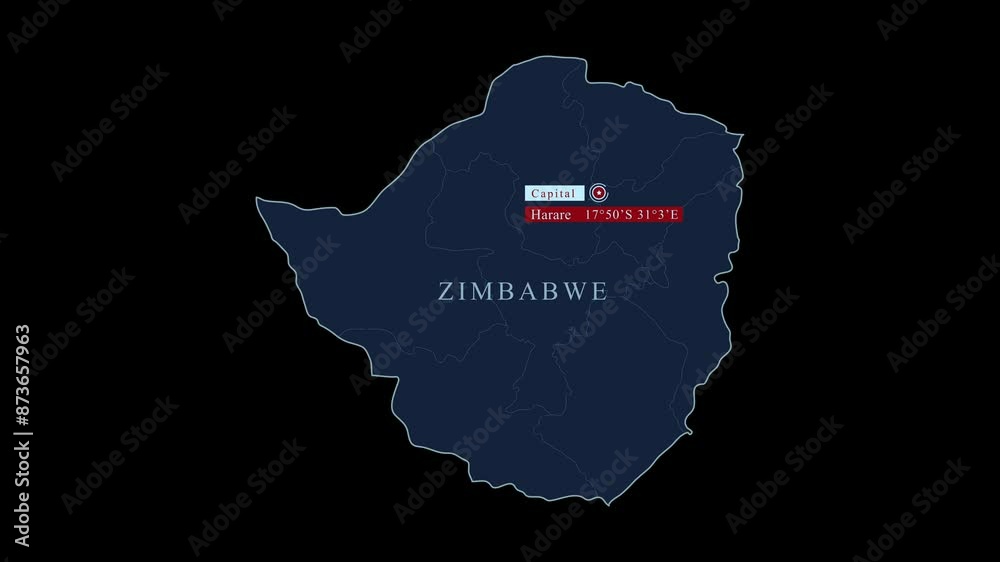 Zimbabwe blue map with Harare capital city and geographic coordinates ...
