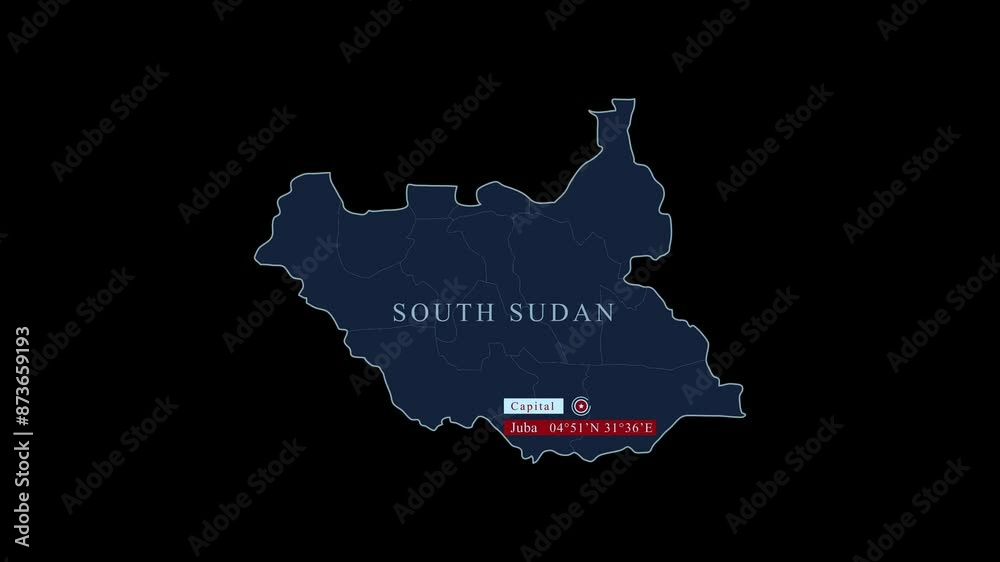 South Sudan blue map with Juba capital city and geographic coordinates ...