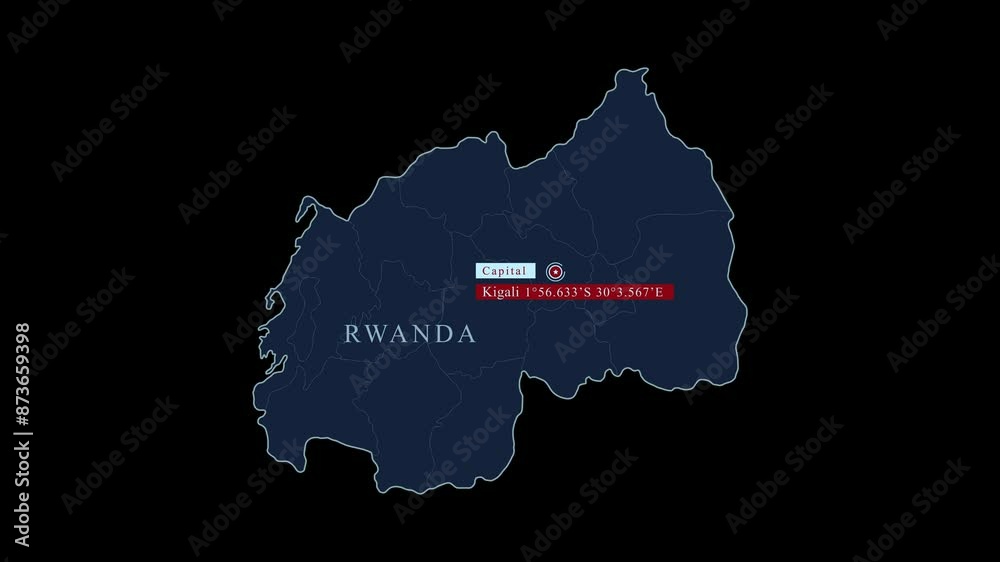 Rwanda blue map with Kigali capital city and geographic coordinates on ...