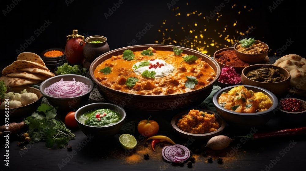 Holi festival indian assorted lunch food spread with chicken, paneer ...