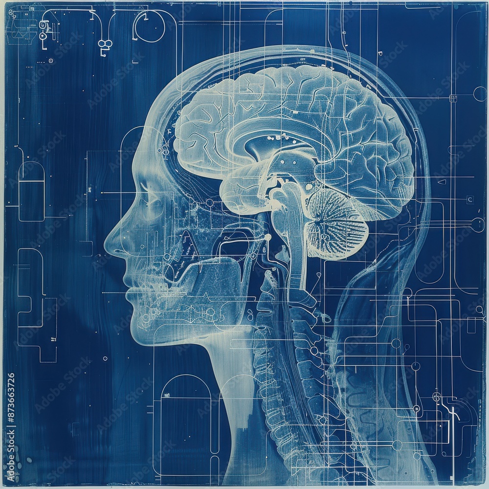 Abstract digital art featuring a blend of human brain and computer ...