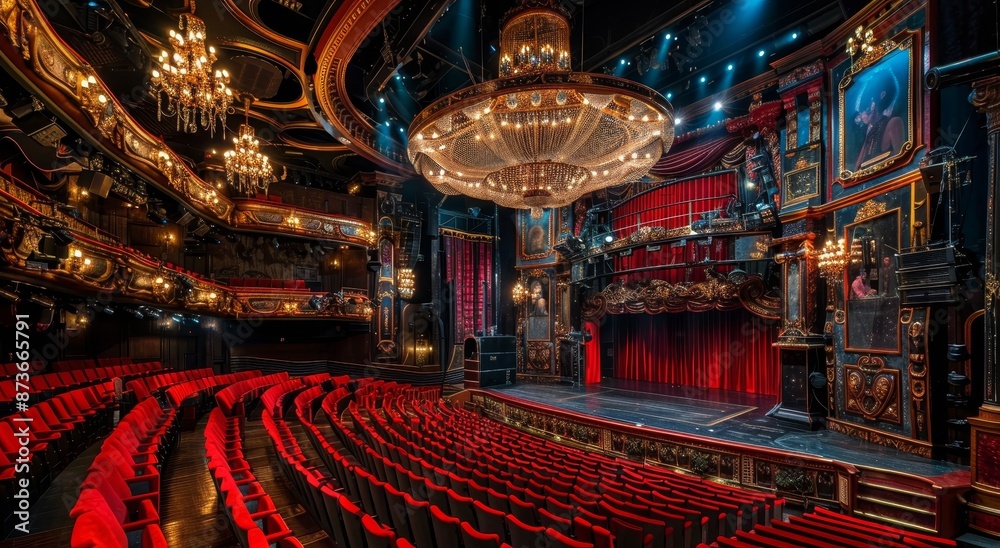 Ornate theater interior featuring ornate architecture, red velvet seats ...
