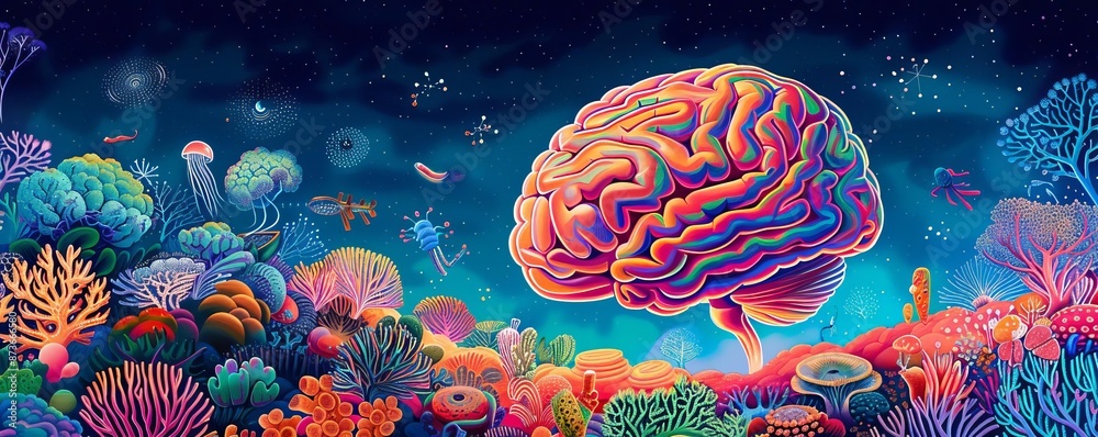 Colorful surreal art featuring a human brain among vibrant underwater ...