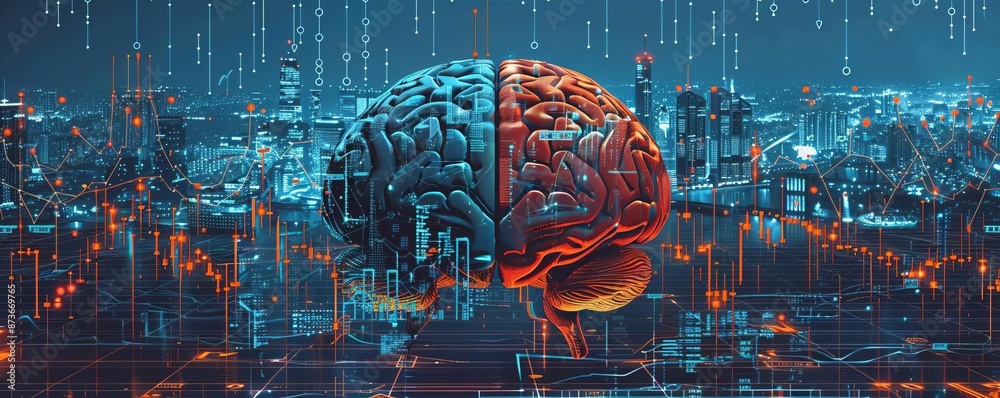 Futuristic depiction of human brain with circuitry representing advanced artificial intelligence ...