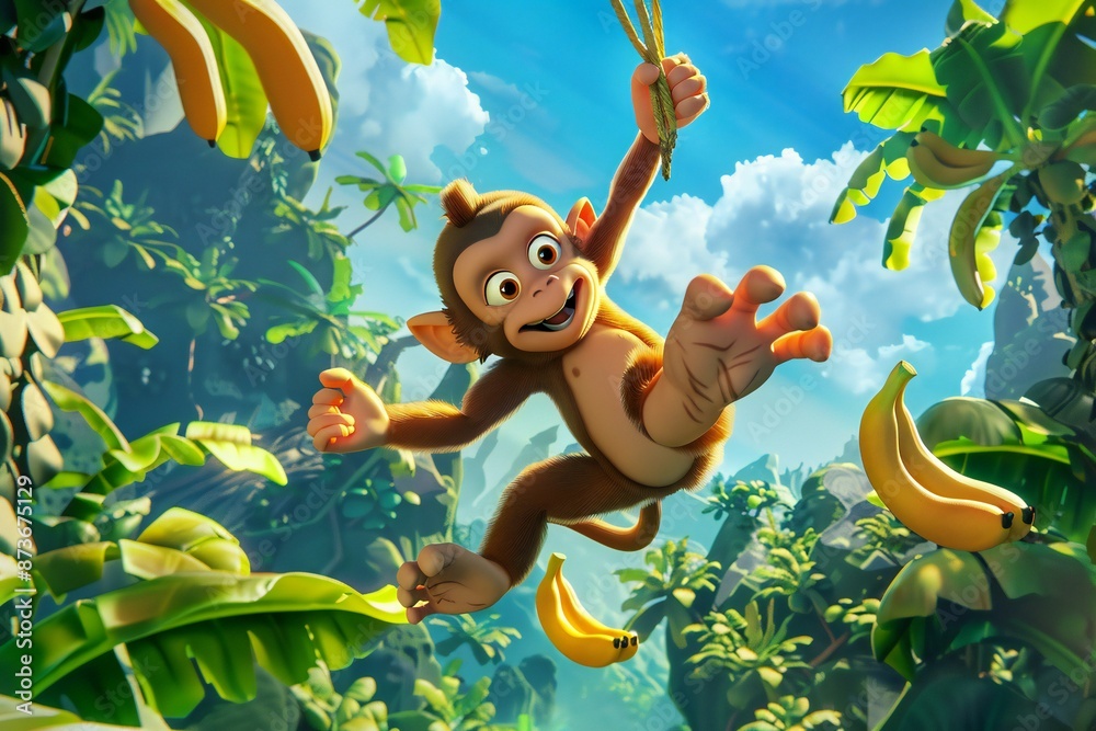 Adventure game with a playful monkey swinging through tropical 3D ...