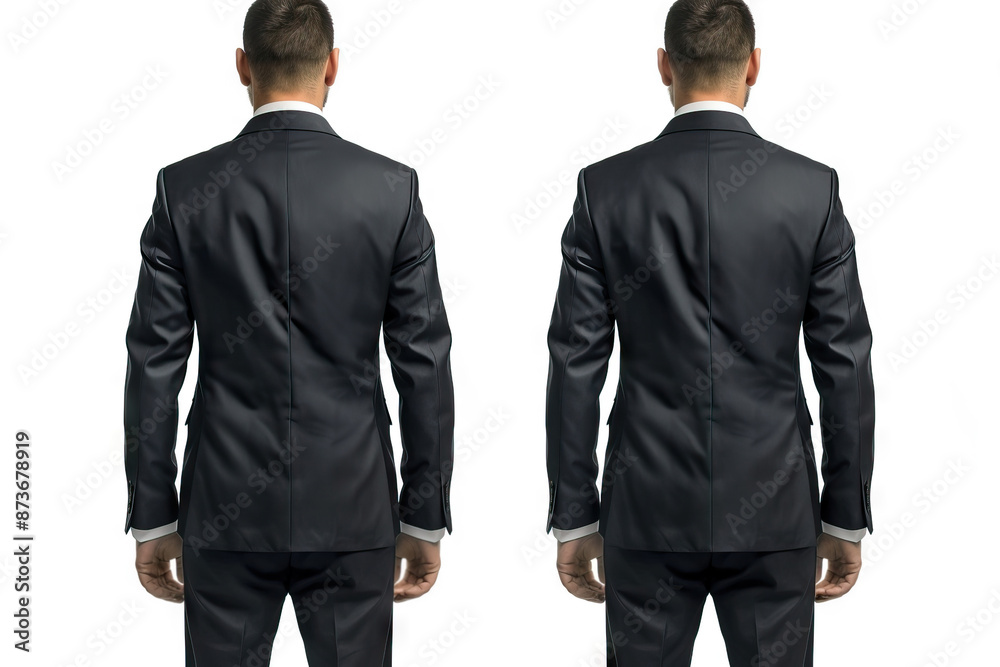 Back view of two men wearing black suits, standing side by side against ...
