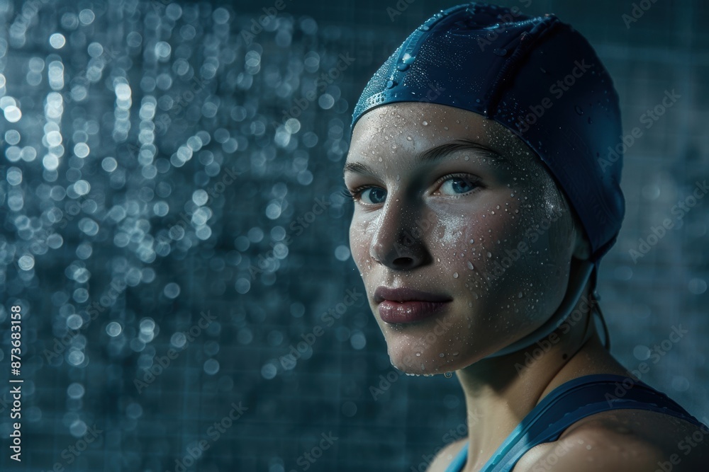 World-class swimmer's face in sharp studio lighting, water droplets ...