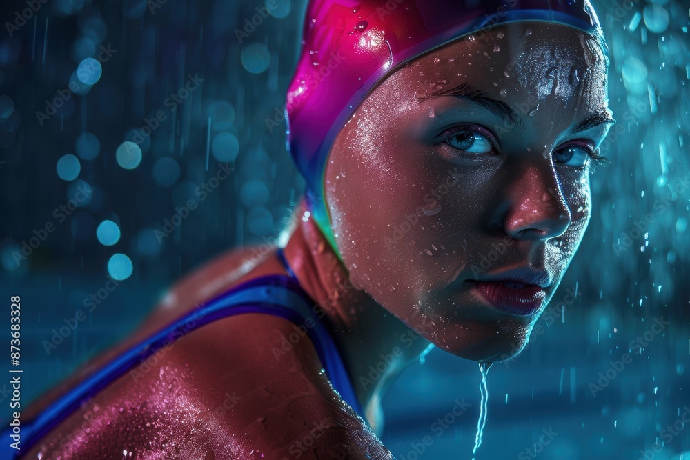 World-class swimmer's face in sharp studio lighting, water droplets ...