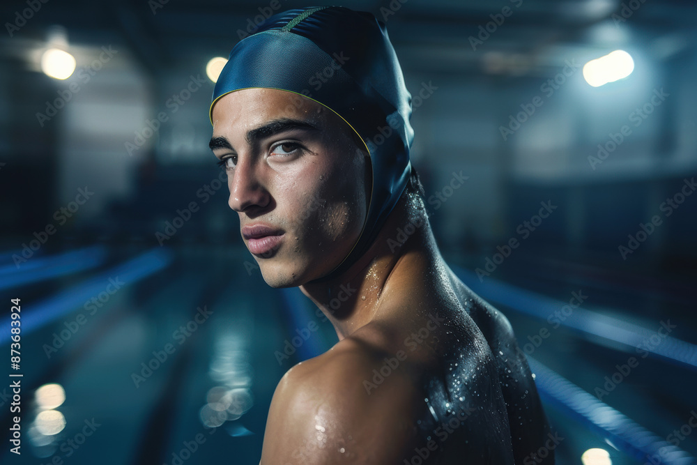 Dramatically lit from above, this striking portrait of an elite swimmer ...