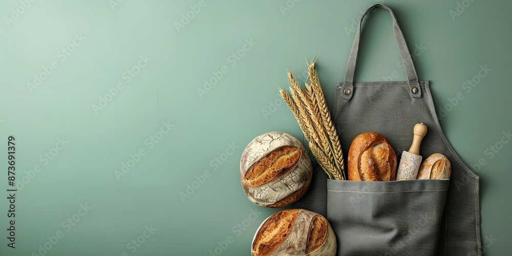 A top view of kitchen apron with different shapes and types of bread ...