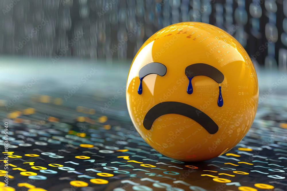 Sad crying emoji with teardrops on a futuristic digital background. The ...