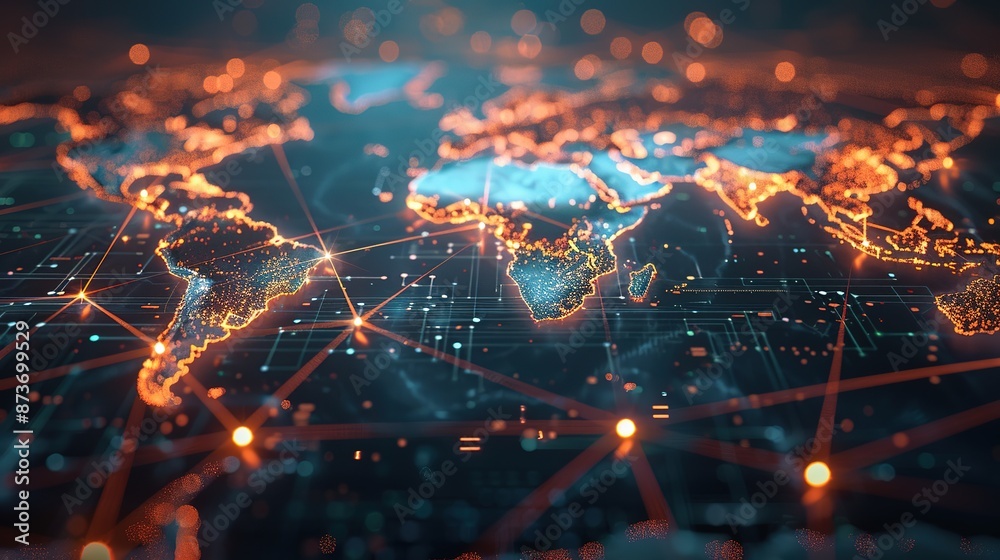 Digital world map illustrating global network connections and data ...