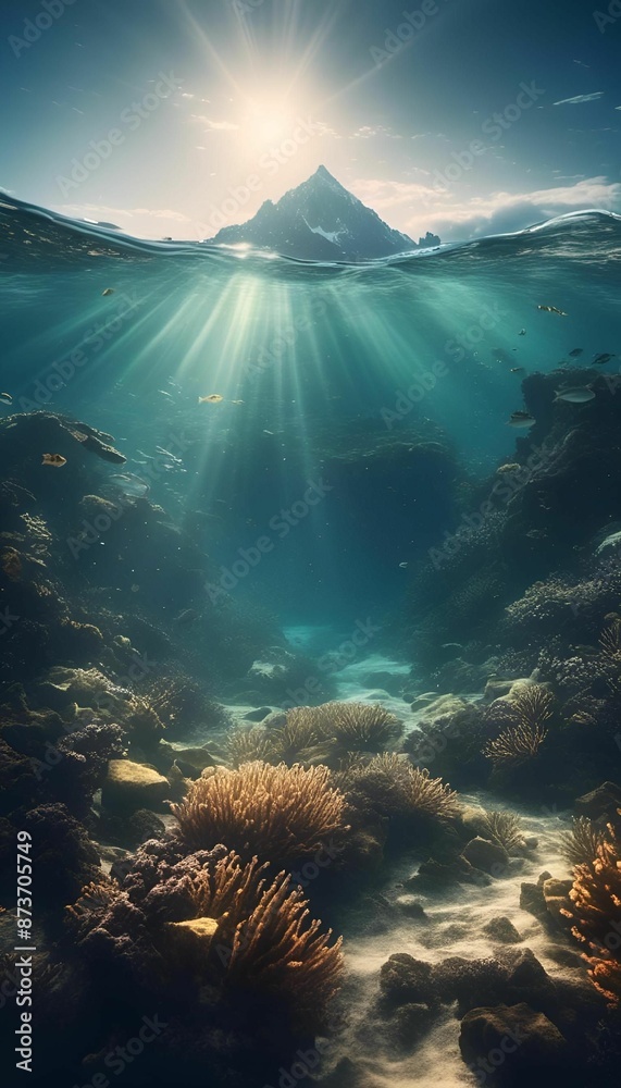 AI generated illustration of a mountain in the ocean, a deep underwater ...