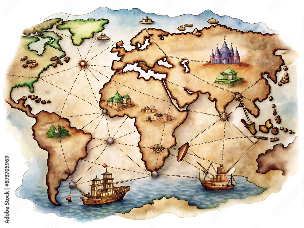 Antique map illustration depicting sprawling networks of ancient trade ...