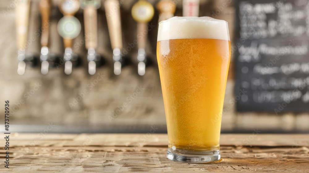 A frosty pint of golden ale with a thick creamy foam head placed on a ...