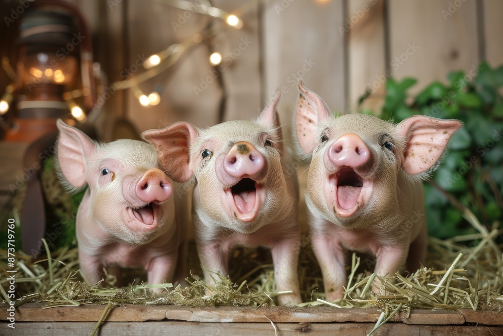 three little pigs are standing in hay and laughing, trio of giggling ...