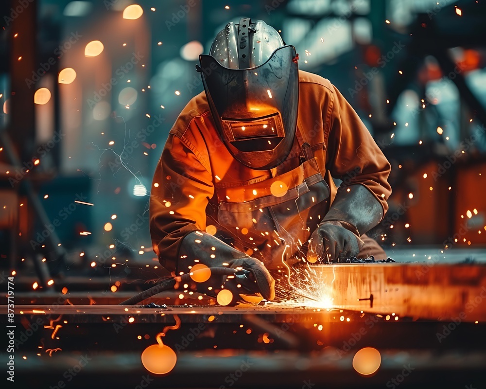 Welder in factory, working with sparks flying, welding metal. Man in ...