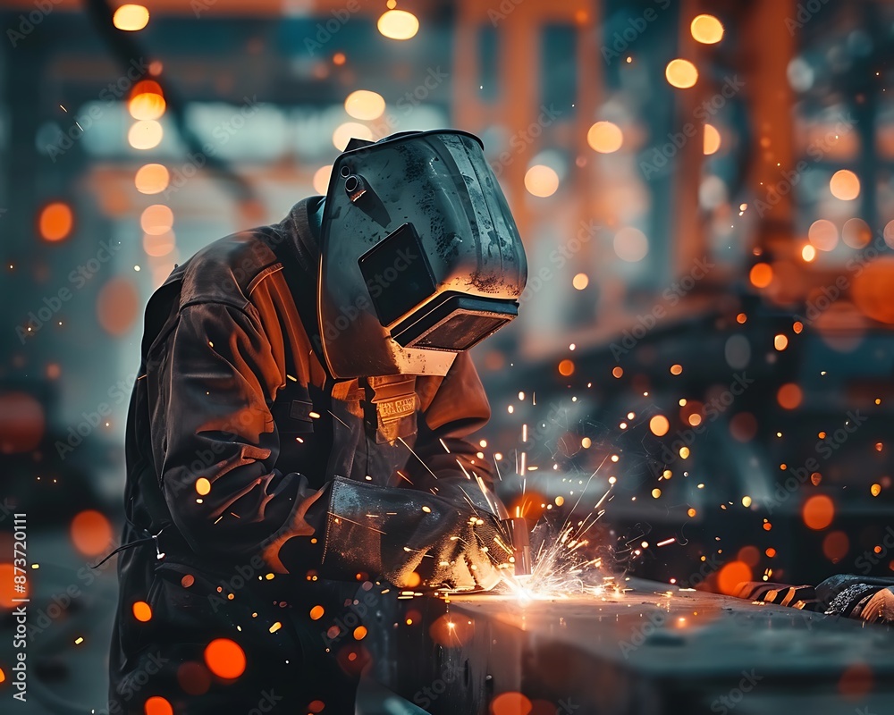 Welder in factory, working with sparks flying, welding metal. Man in ...
