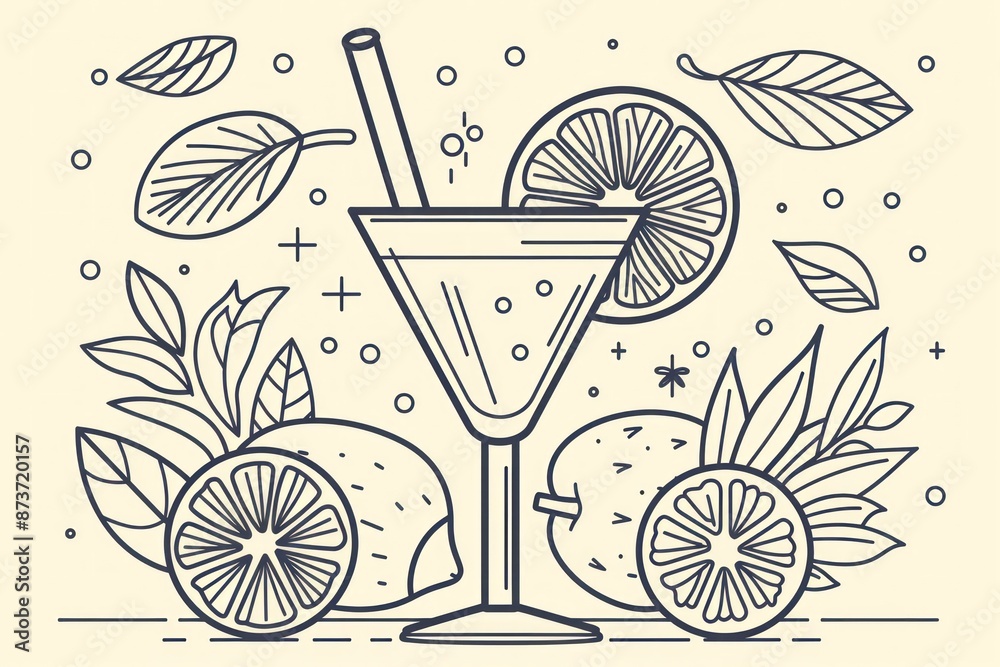 Elegant line art of a cocktail glass with a slice of lime and a straw ...