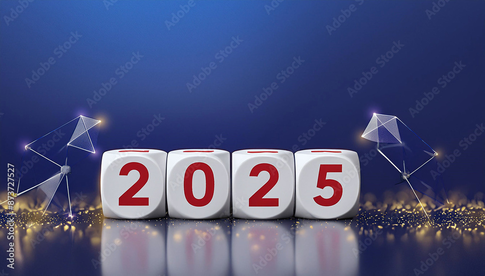 Four white blocks with red numbers displaying "2025." The background is ...