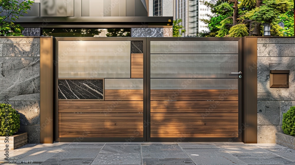 A stylish main gate with a mix of brushed stainless steel and wood ...