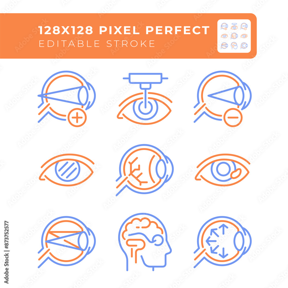 Eye anatomy two color line icons set. Laser eye surgery. Myopia. Eye ...