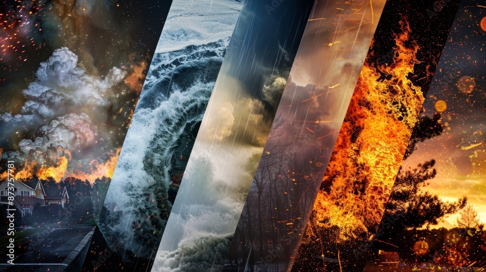 A collage of extreme weather events including hurricanes floods and ...