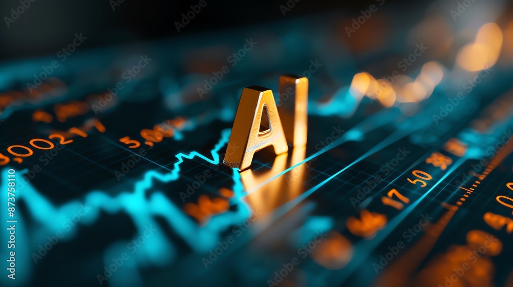 Golden "AI" letters stand on a stock market chart, illustrating the ...