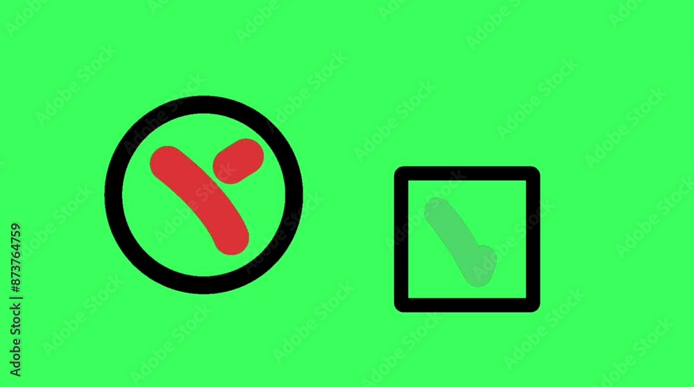 4K animation of multicolor cross and check mark on a green background ...