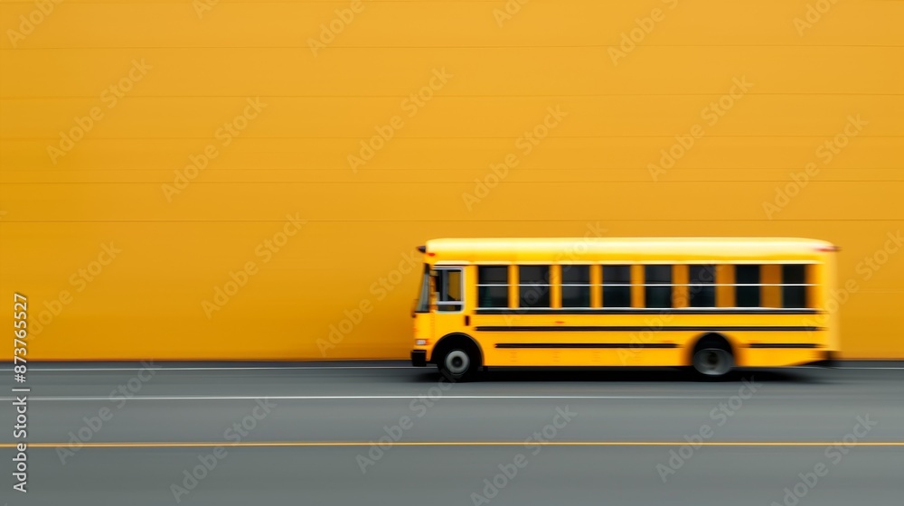 Bright yellow school bus in motion, students visible through windows ...