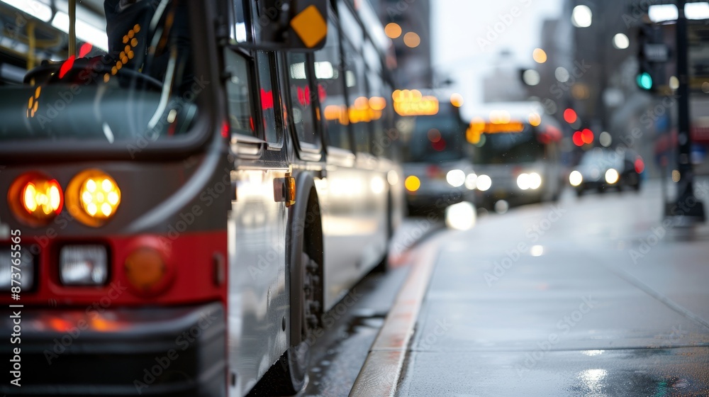 Bustling bus stop with multiple buses arriving and departing, commuters ...