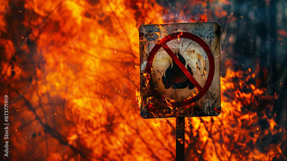 Sign prohibiting fires in front of a forest burning during summer heat ...