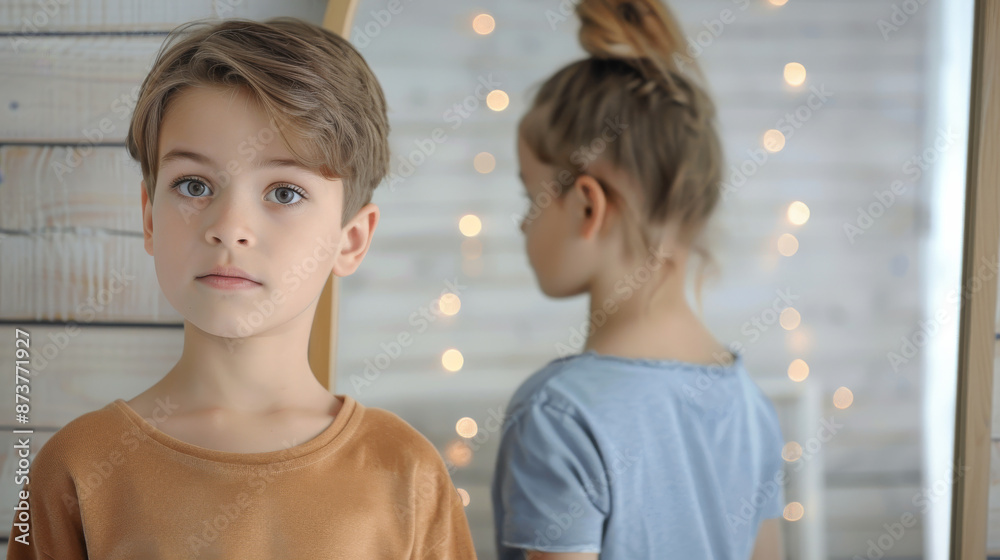 Kid gender identity concept image with a boy or girl child seeing ...