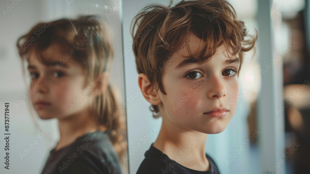 Kid gender identity concept image with a boy or girl child seeing ...