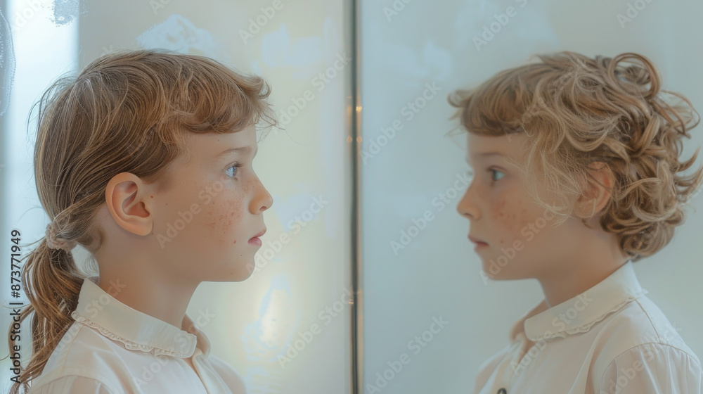 Kid gender identity concept image with a boy or girl child seeing ...