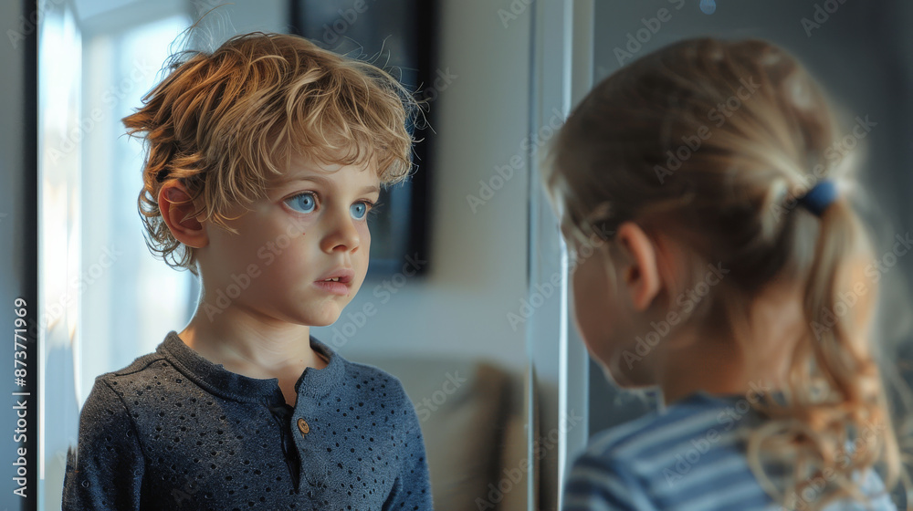 Kid gender identity concept image with a boy or girl child seeing ...