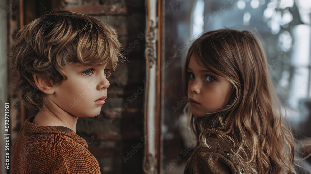 Kid gender identity concept image with a boy or girl child seeing ...