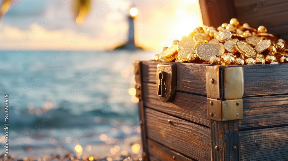 Treasure chest overflowing with gold, placed on a beach with a ...