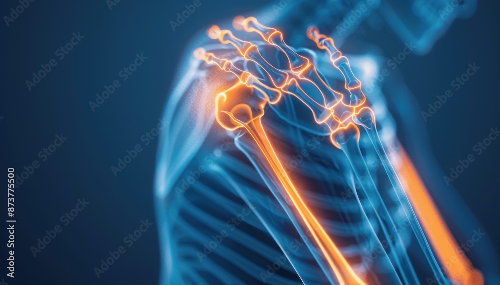 3D rendering of human shoulder joint highlighting bones and nerves ...